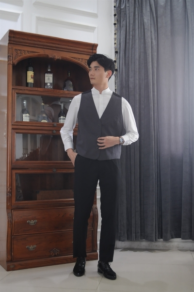 printed group casino uniform model tries on individual display loose ...