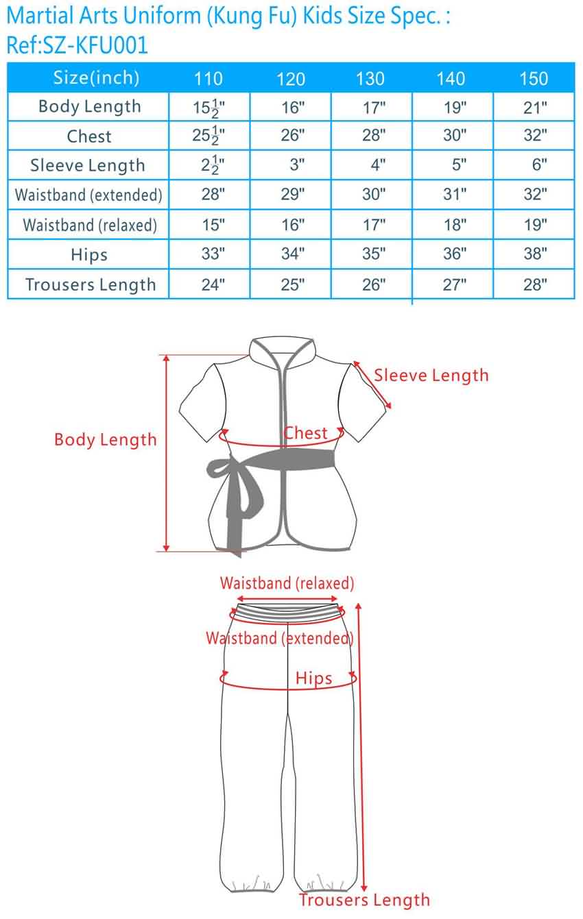 martial arts clothing size chart, karate size chart uniforms, taekwondo ...