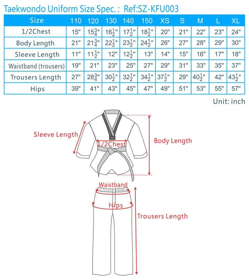 martial arts clothing size chart, karate size chart uniforms, taekwondo ...