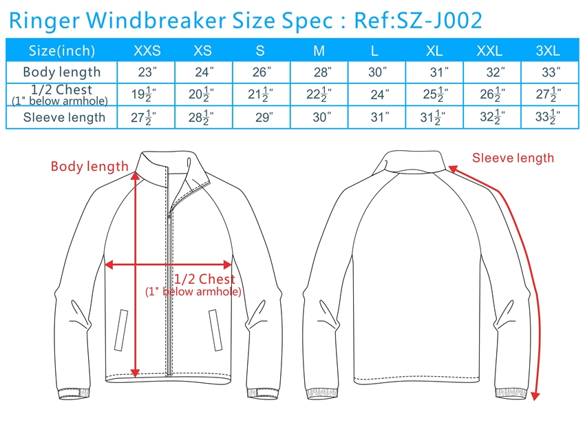windbreaker sizing chart, windbreaker jacket size chart, mens ...