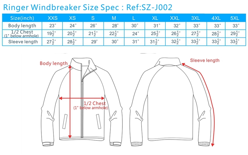 windbreaker sizing chart, windbreaker jacket size chart, mens ...